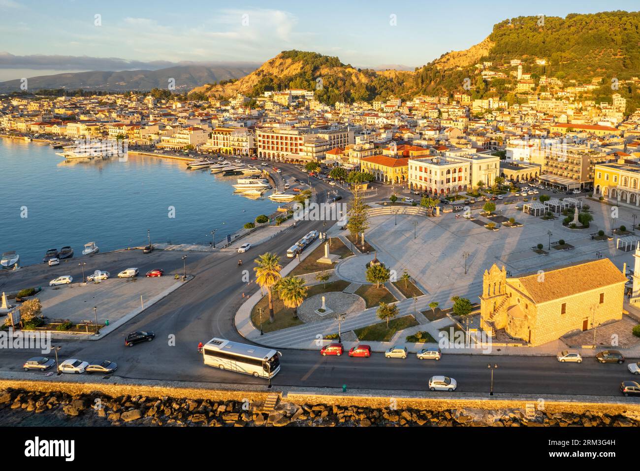 Aerial view of Zakynthos town at sunrise on Zante island in Greece ...