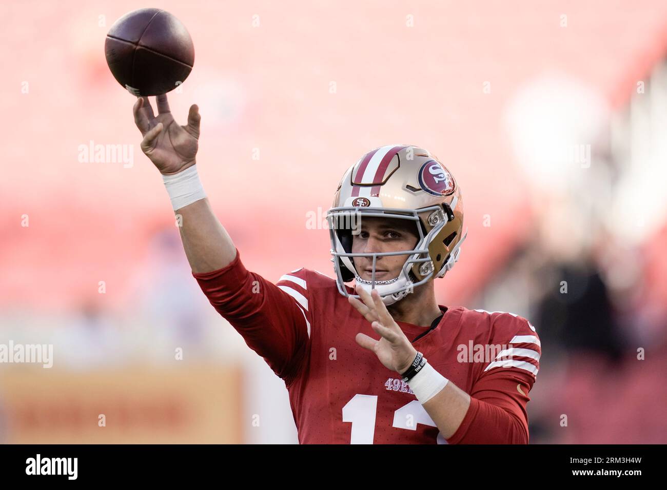 San Francisco 49ers quarterback Brock Purdy warms up before the team's ...