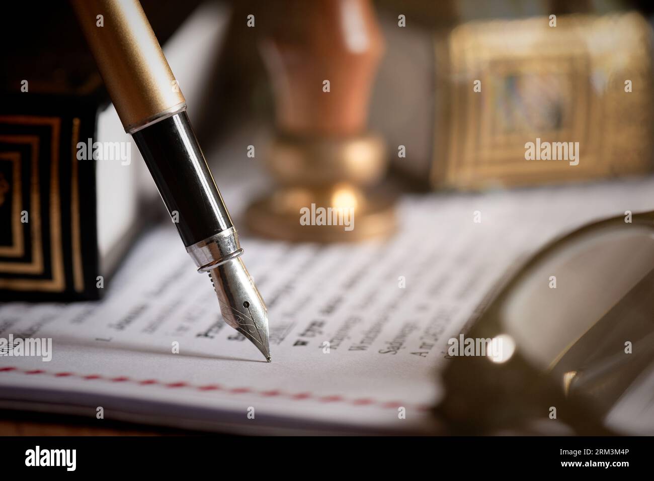 Law, notary background theme. Fountain pen and documents on desk Stock ...