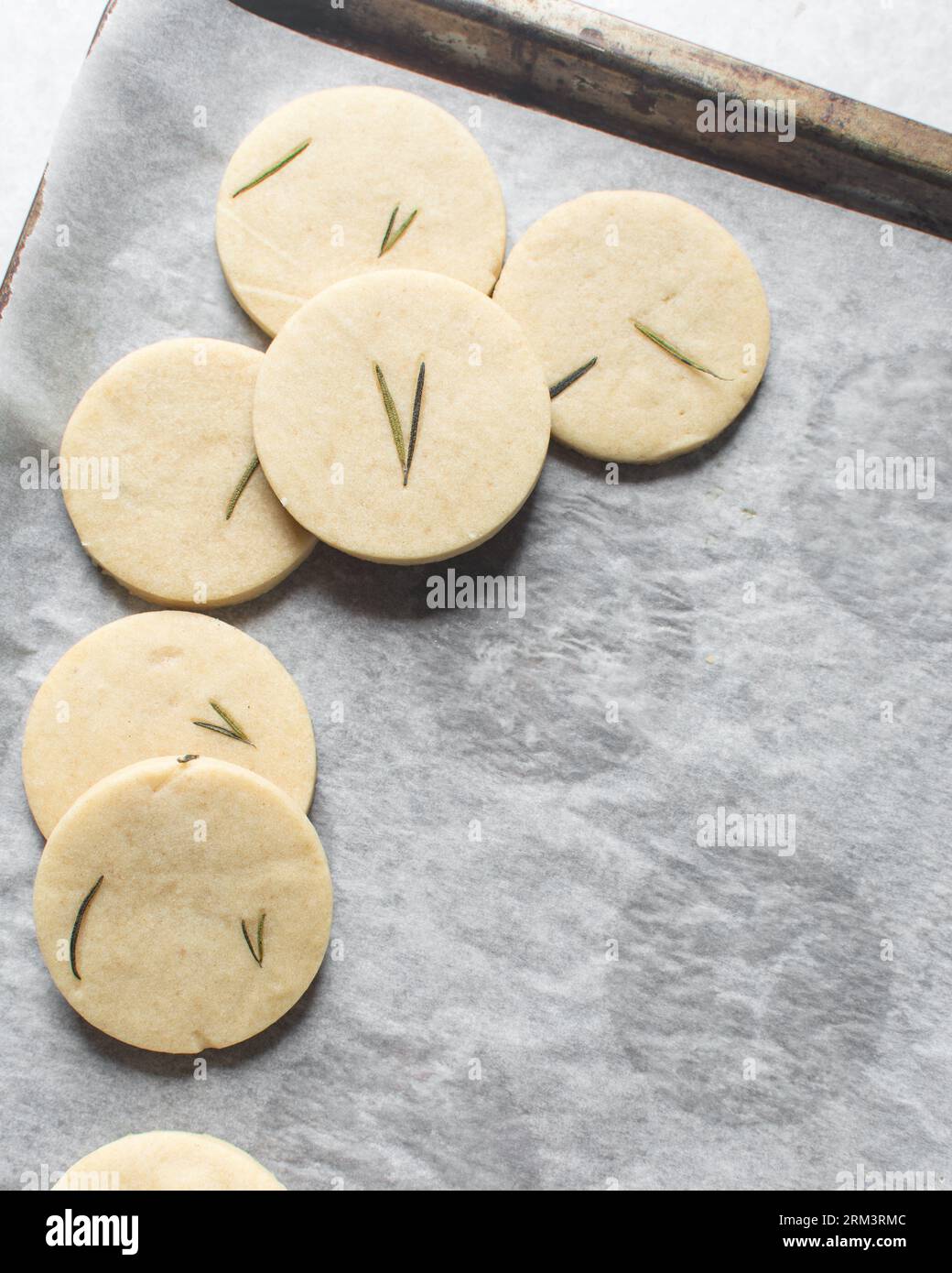 Top view of cut out rosemary sugar cookies, rosemary cookie on a white ...