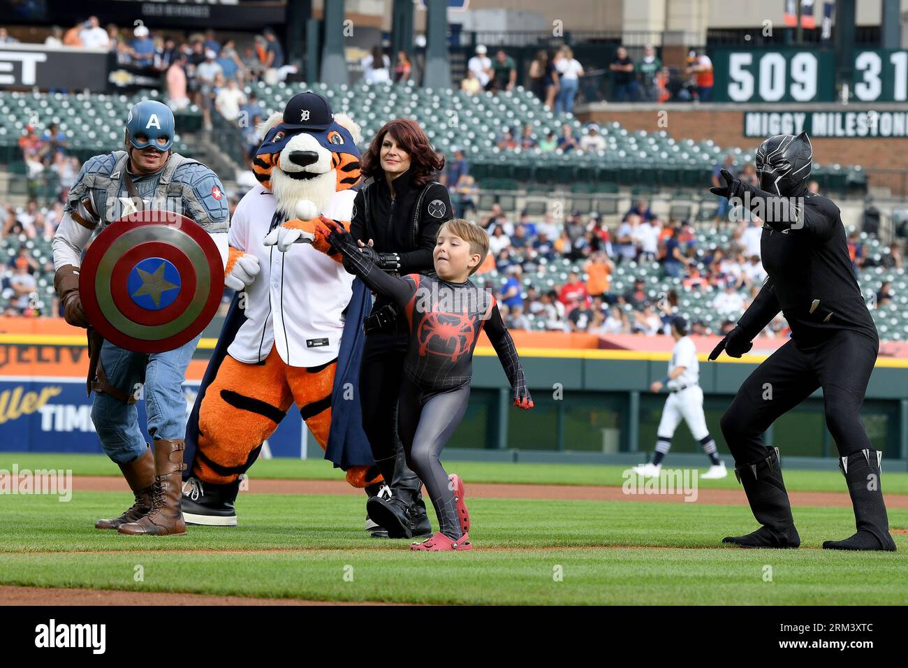 Sterling Crook, 7, throws out the first pitch on Marvel Super Heroes ...