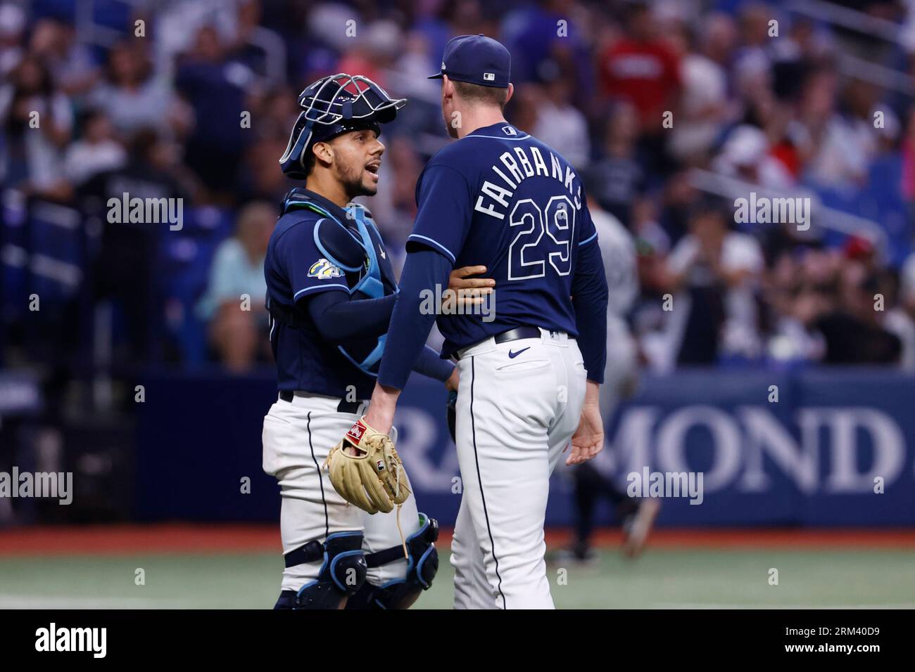Tampa Bay Rays' pitcher Pete Fairbanks, right, celebrates with catcher ...