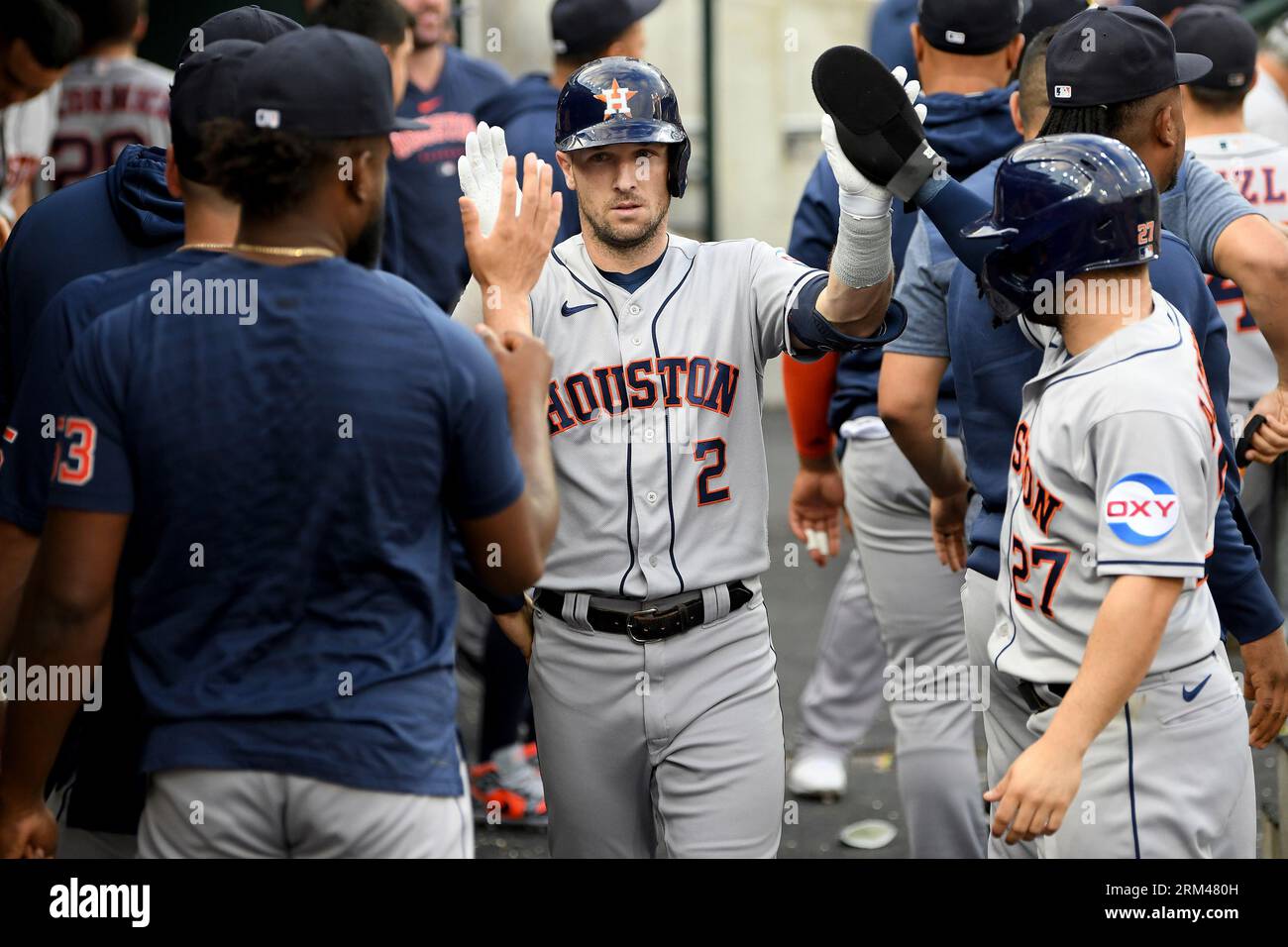 Houston Astros third baseman Alex Bregman (2) celebrates in the dug out ...