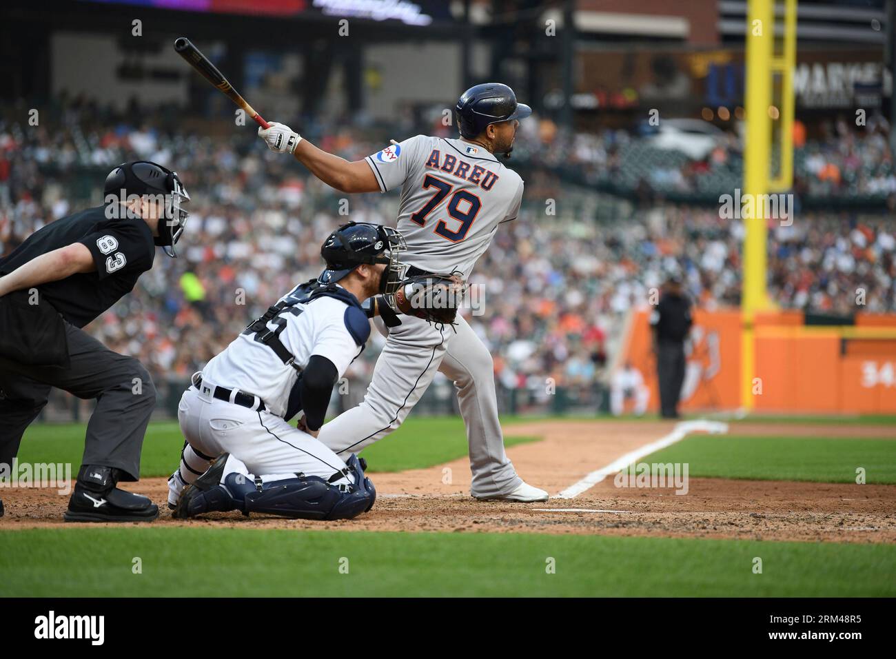 Houston Astros first baseman Jose Abreu (79) hits an RBI single against ...