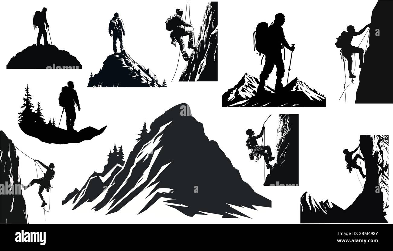Climber black silhouettes. Rock climb wall. Danger mountain adventures ...