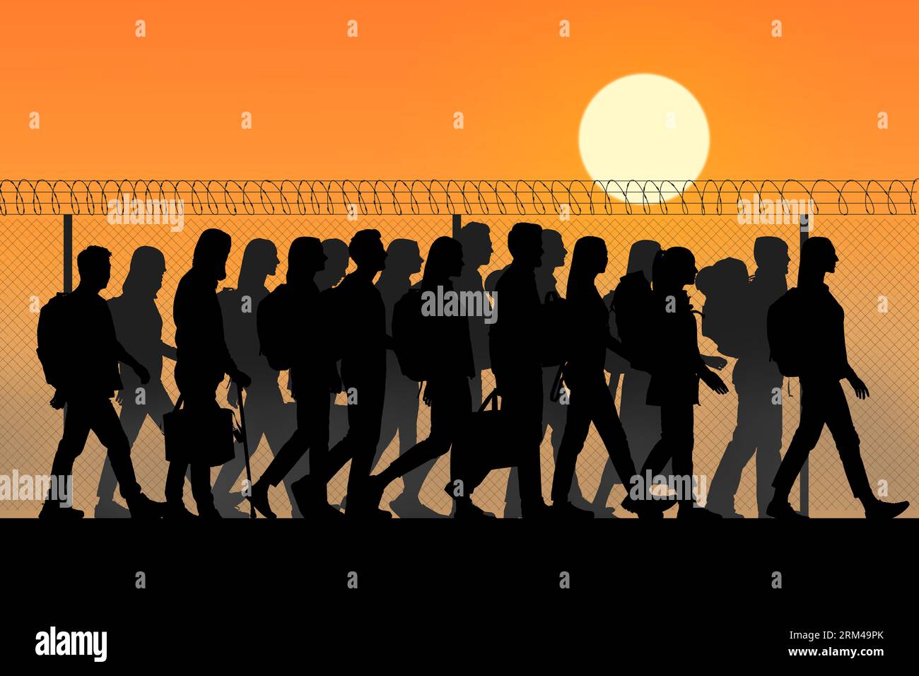 Immigration. Silhouettes of people walking along perimeter fence with ...