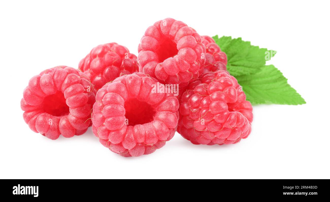 Many fresh ripe raspberries and green leaves isolated on white Stock ...