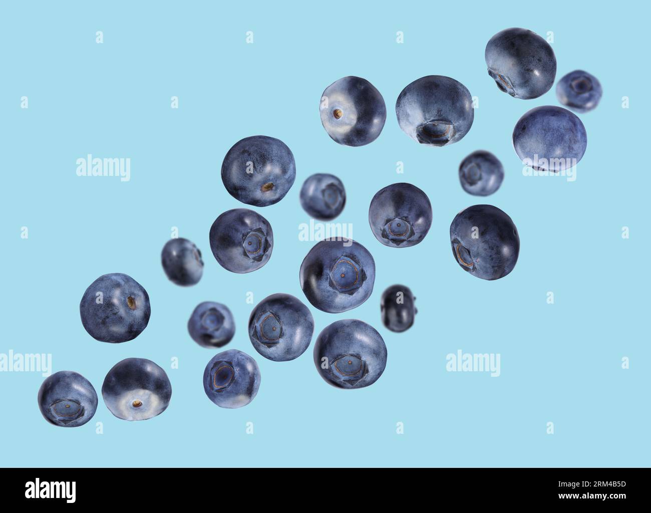 Many ripe blueberries falling on light blue background Stock Photo - Alamy