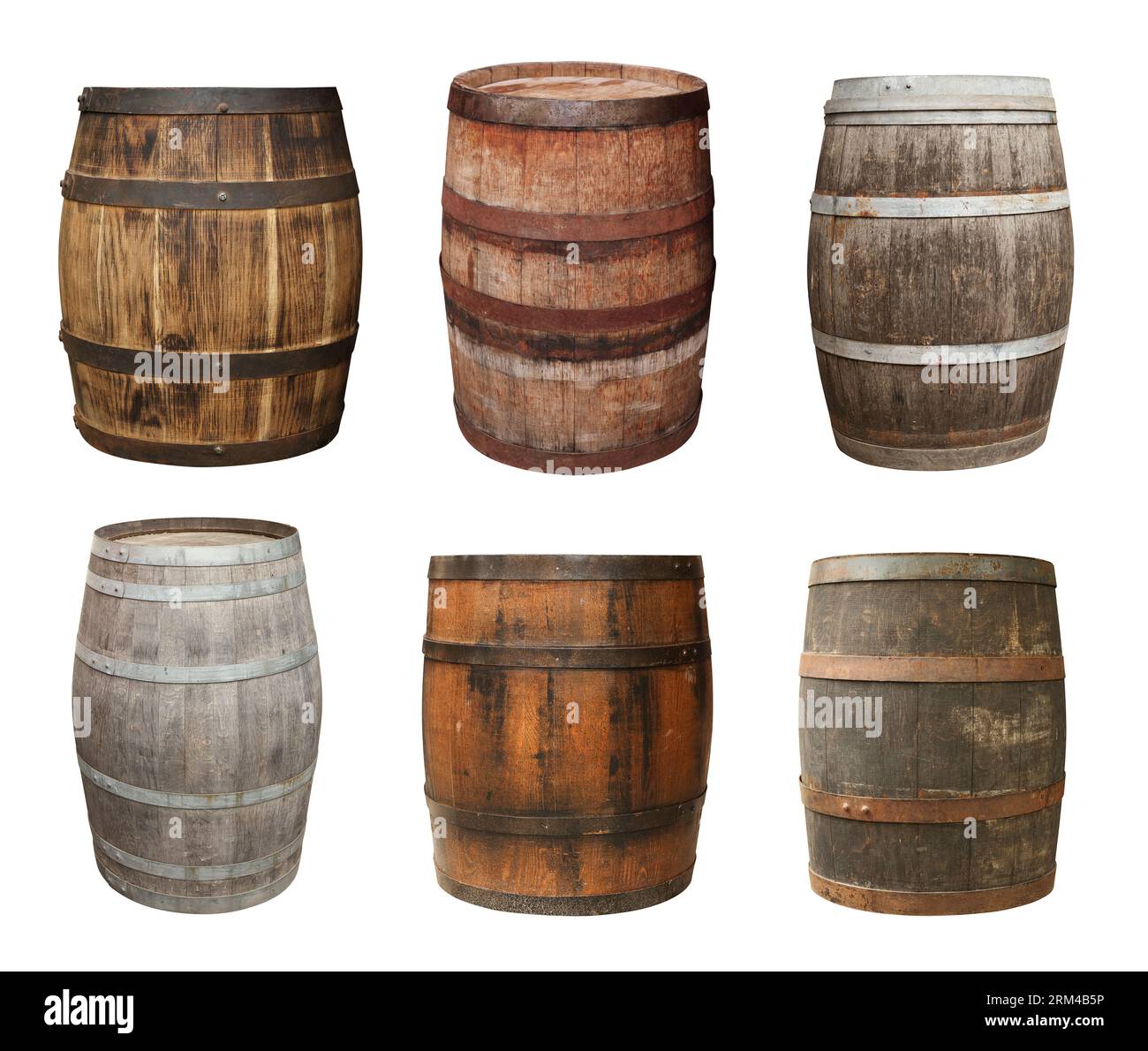 Set with different wooden barrels isolated on white Stock Photo - Alamy