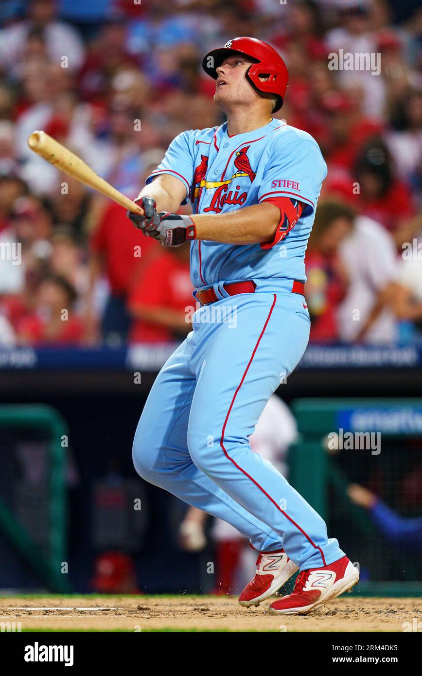 St. Louis Cardinals' Luken Baker watches his solo home run during the ...