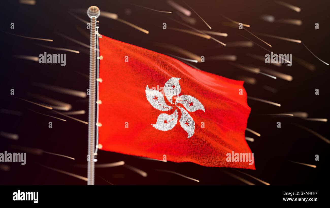Flag of Hong Kong made of luminous dots, bottom view. Fluttering in the ...