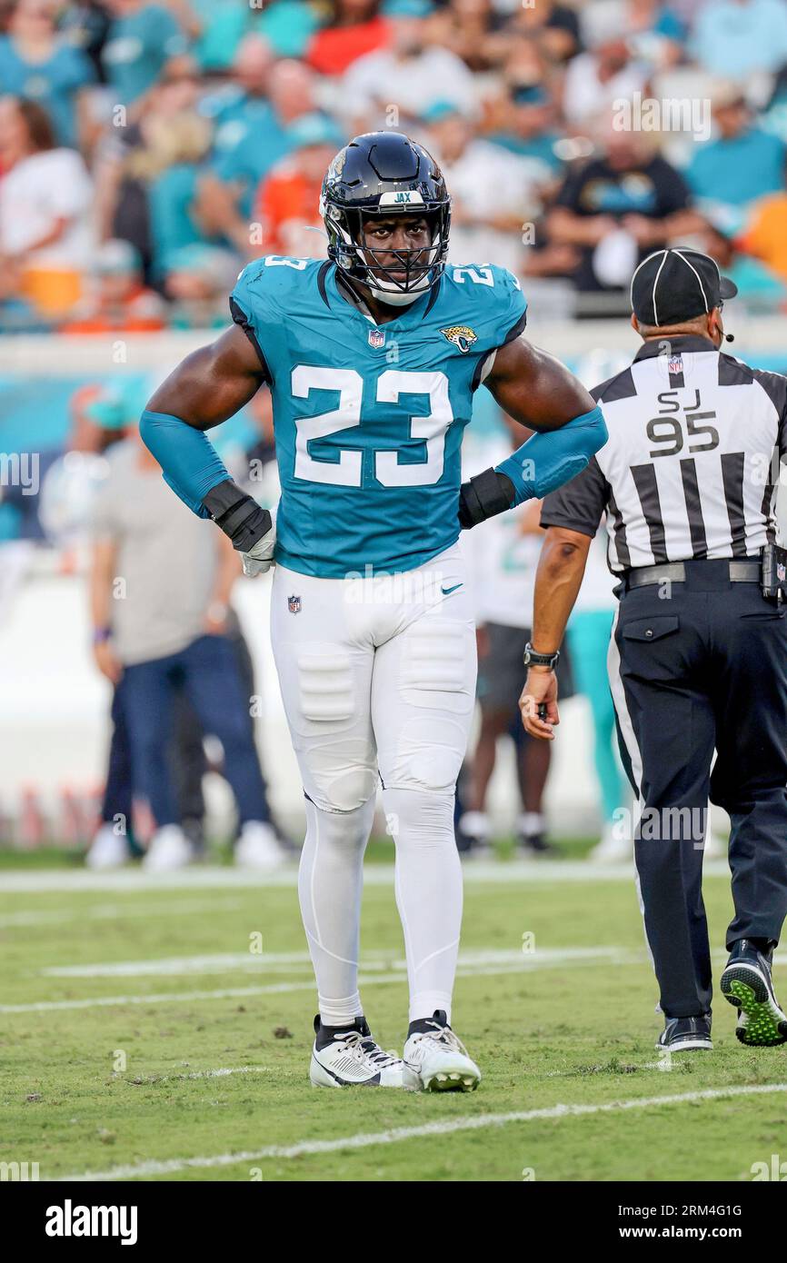 Jacksonville Jaguars linebacker Foyesade Oluokun (23) looks to the sideline during a NFL ...