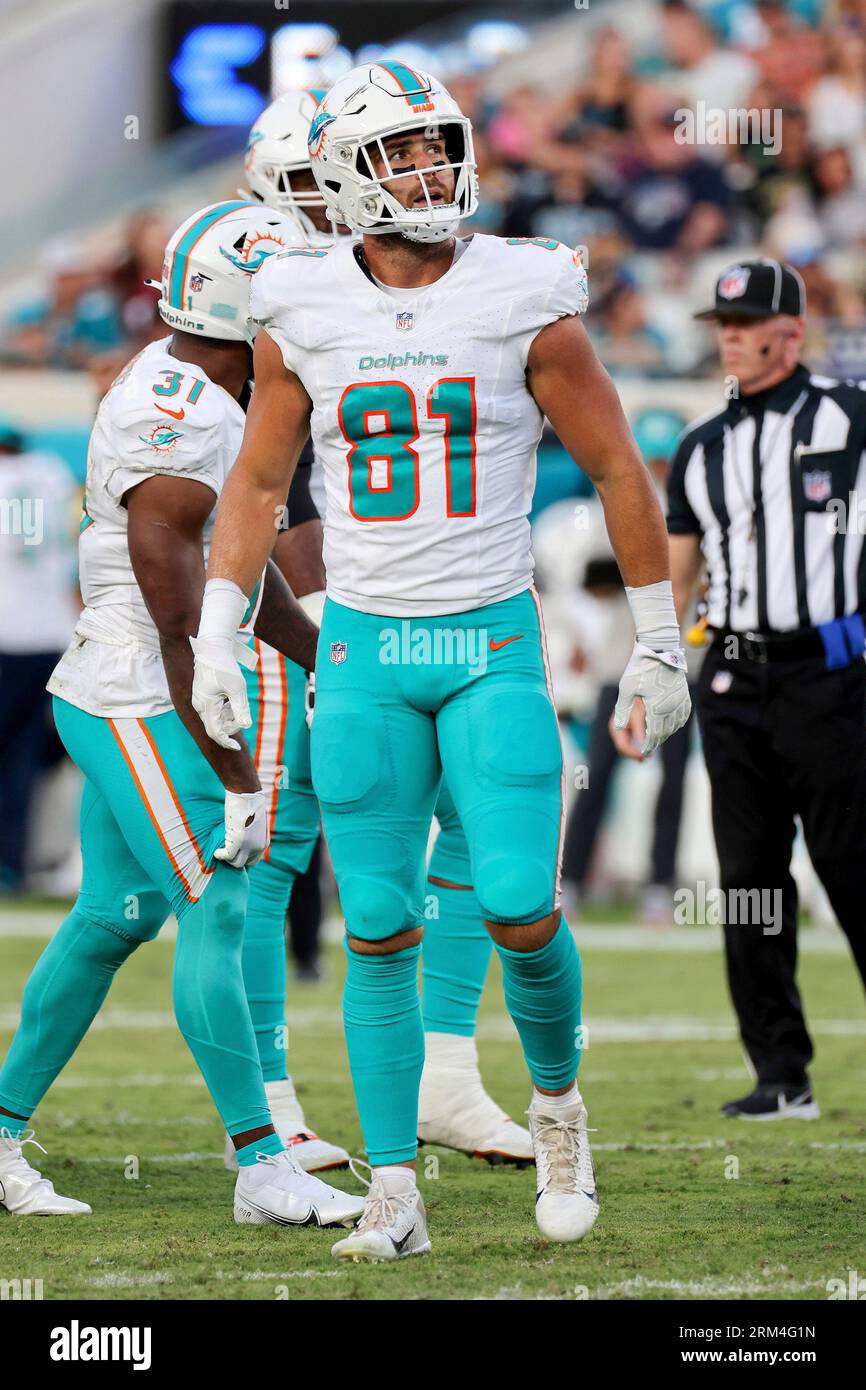 Miami Dolphins tight end Durham Smythe (81) looks at a replay on the ...