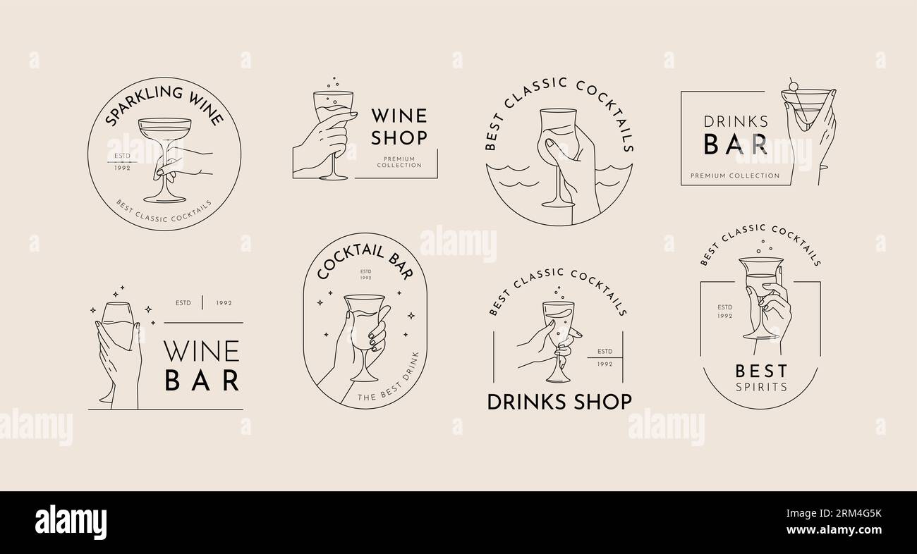 Bar logo. Cocktail glass. Hand holding wine goblet. Cheers and toasts ...