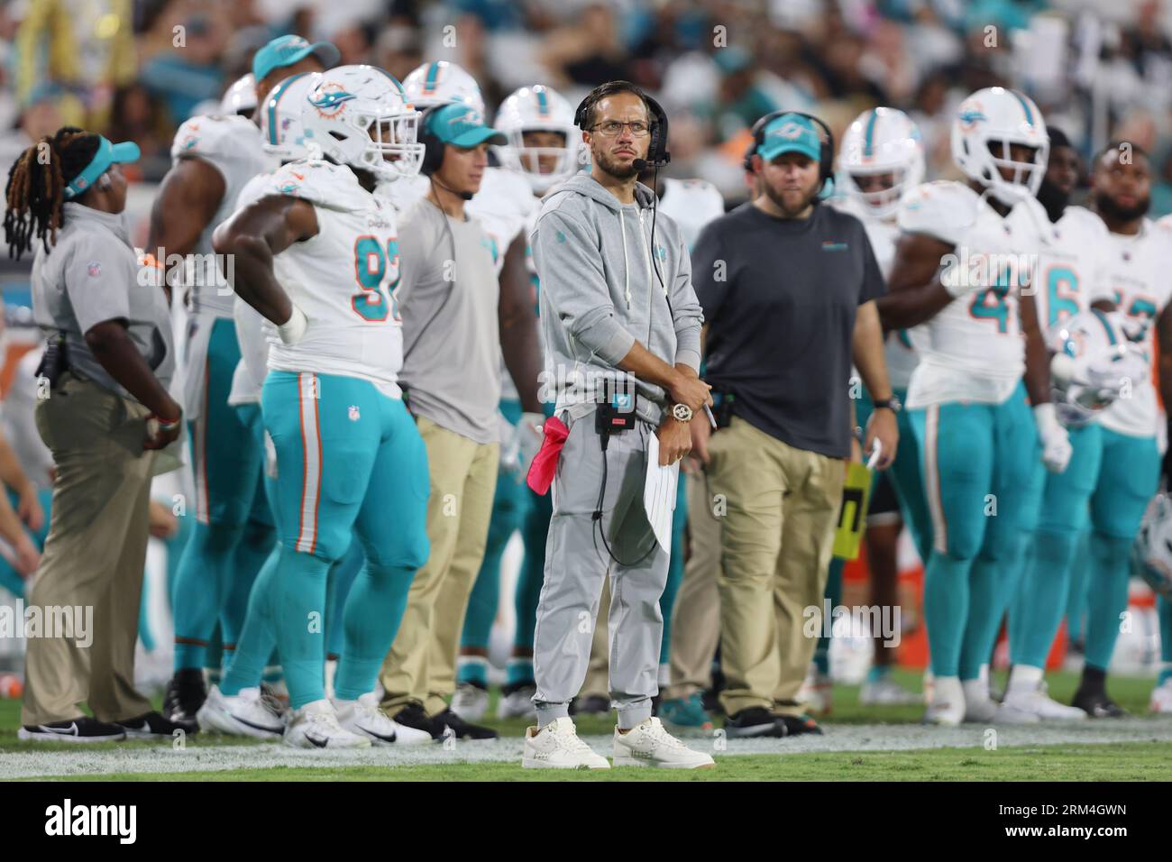 Miami Dolphins head coach Mike McDaniel watches from the sideline during the first half of an ...