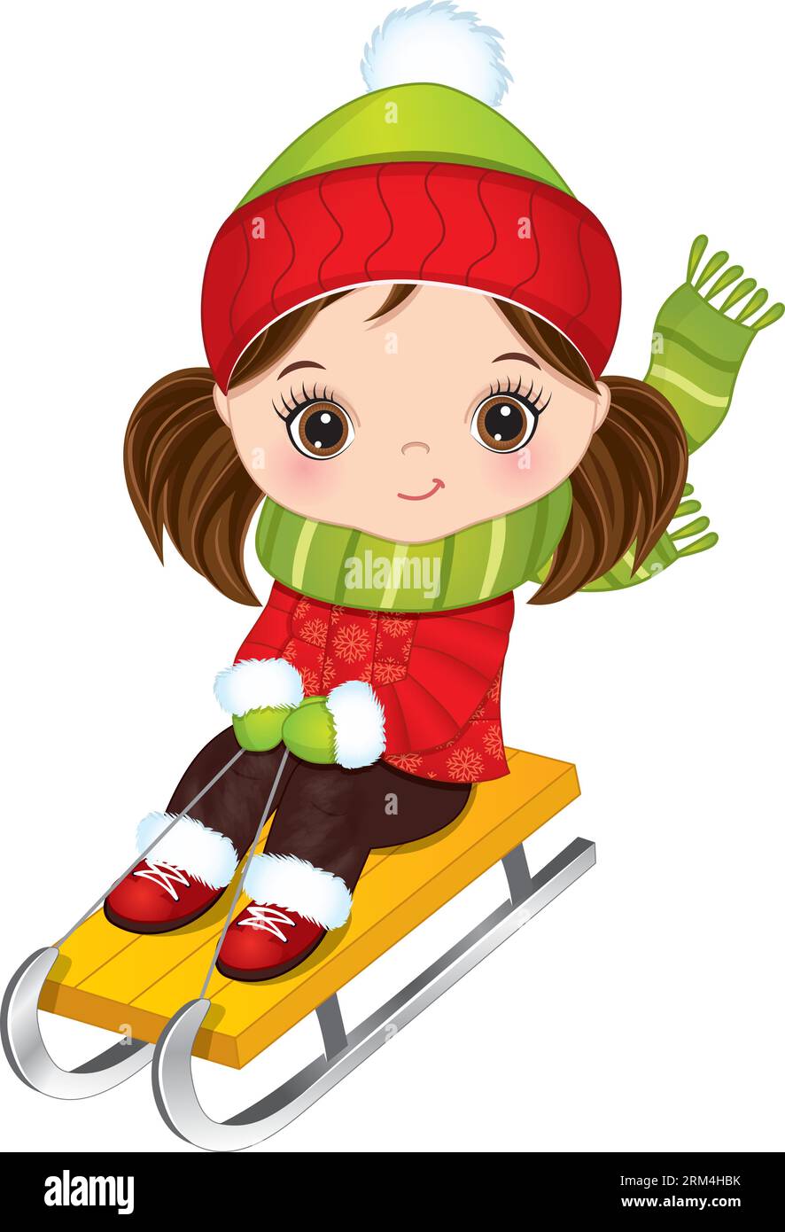 Vector Cute Little Girl in Winter Outfit Sledding Stock Vector Image ...