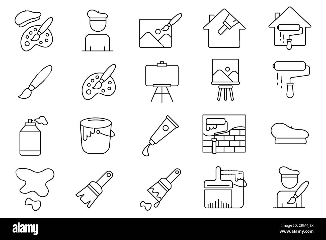 Painting set icon. Contains icons paint brush, canvas, painter, paint tubes, etc. Line icon ...