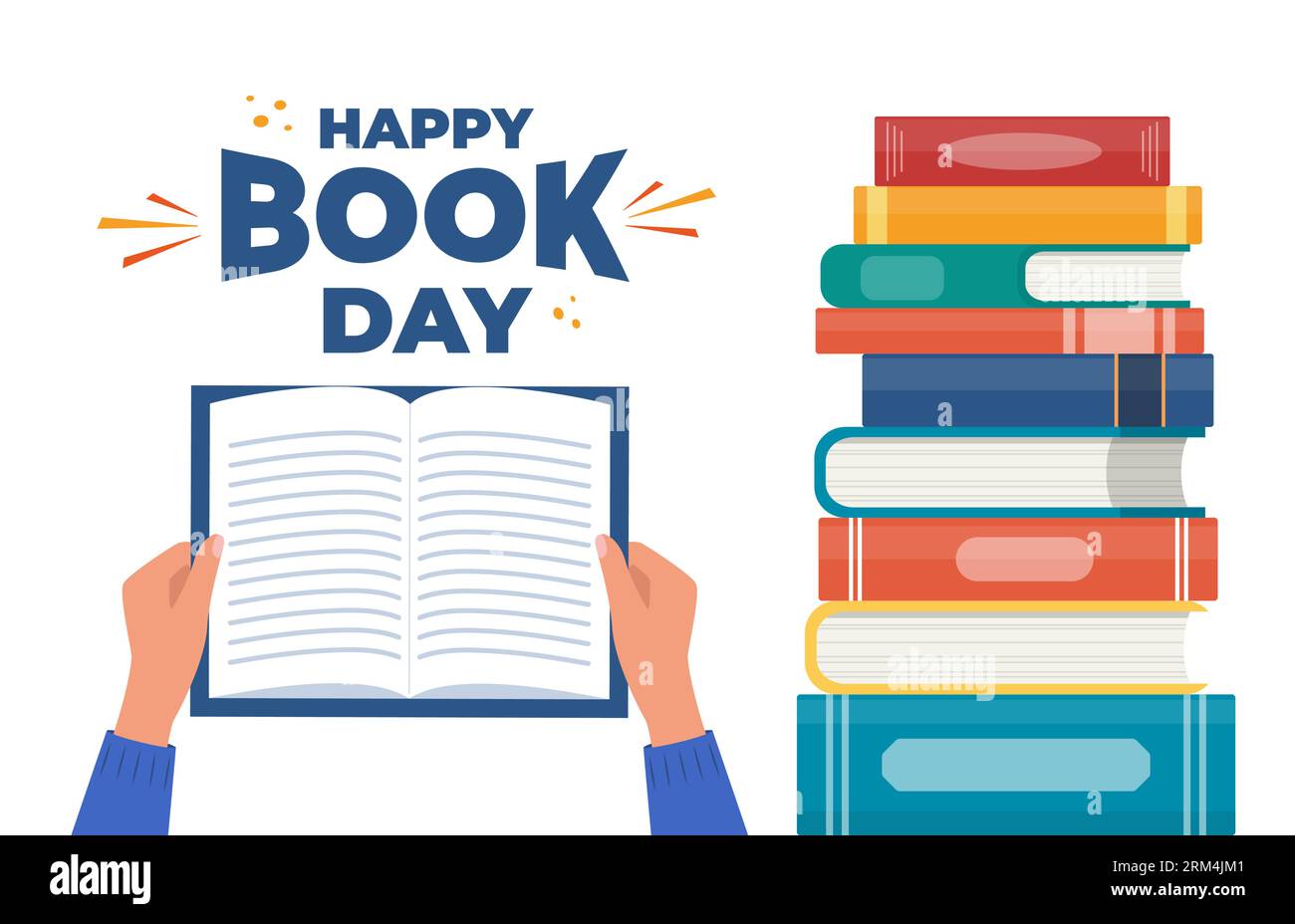 Happy book day. Hand holding open book. Stack of books and lettering ...