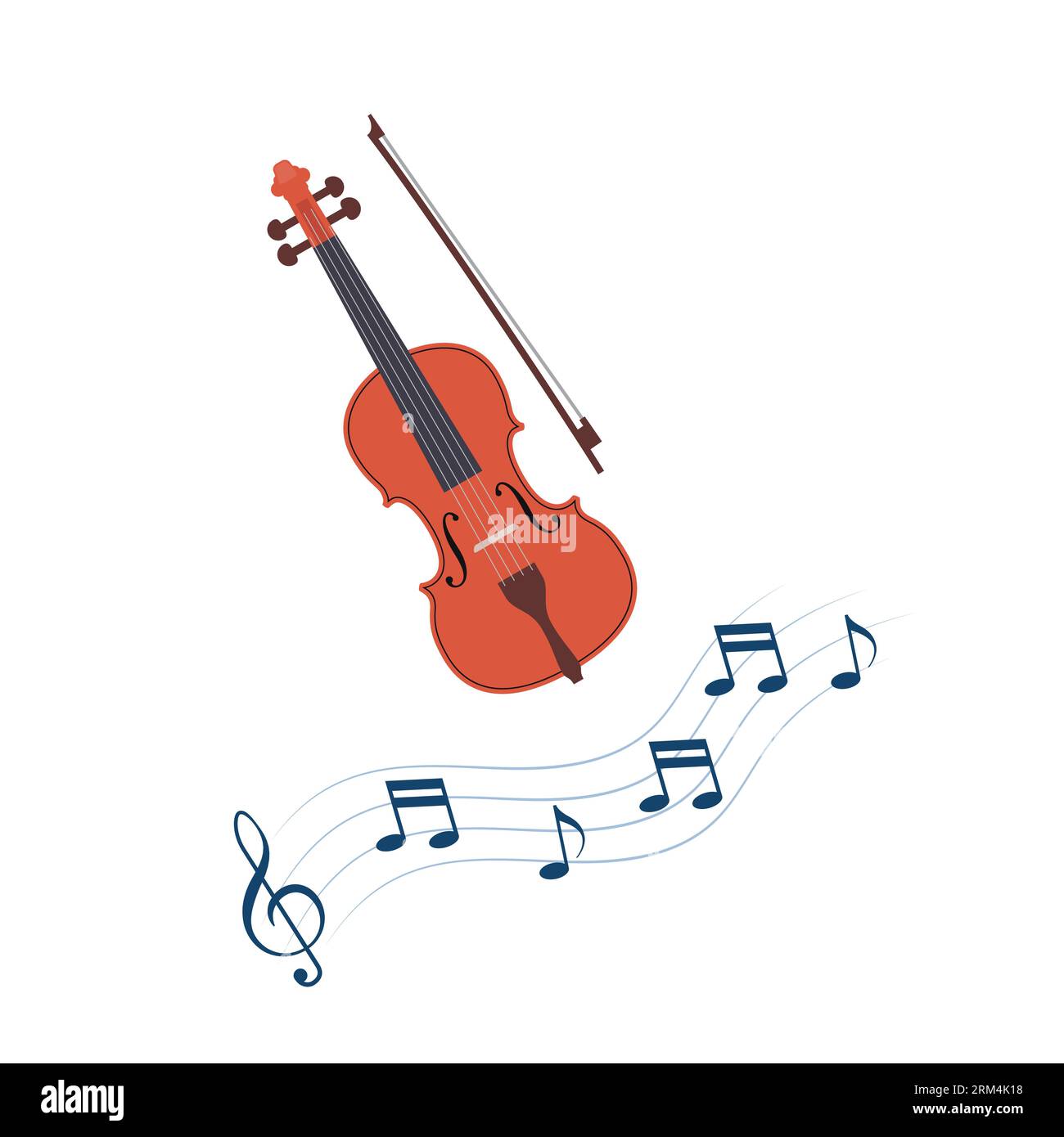 Classic violin with bow. Treble clef with notes on wavy lines. Concept ...