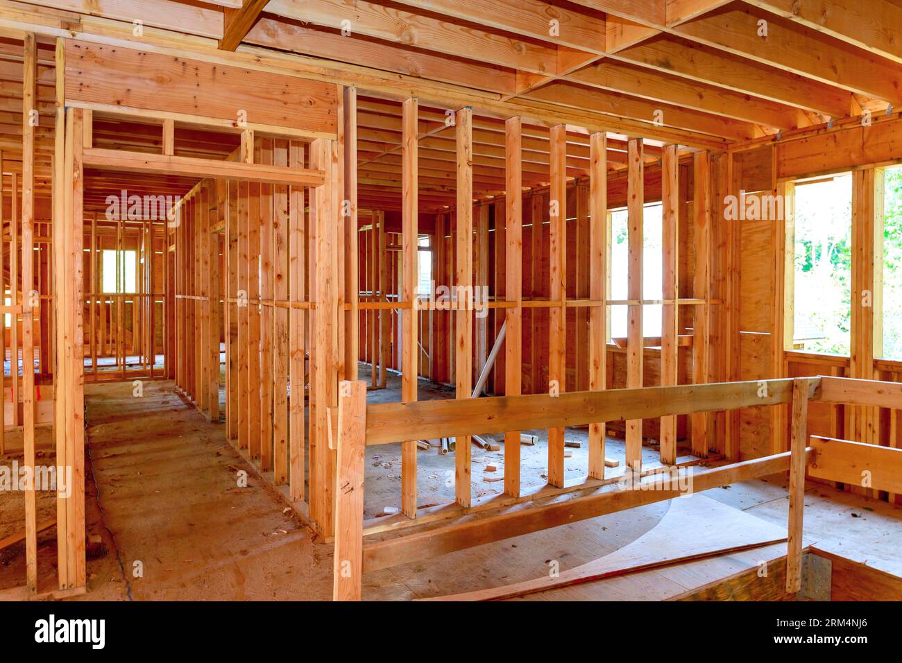 Wooden framing beams interior view new unfinished house under ...