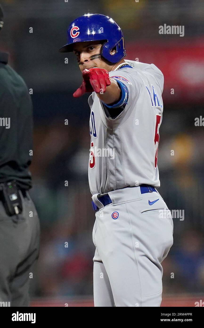 Chicago Cubs' Christopher Morel reacts after hitting a double against ...