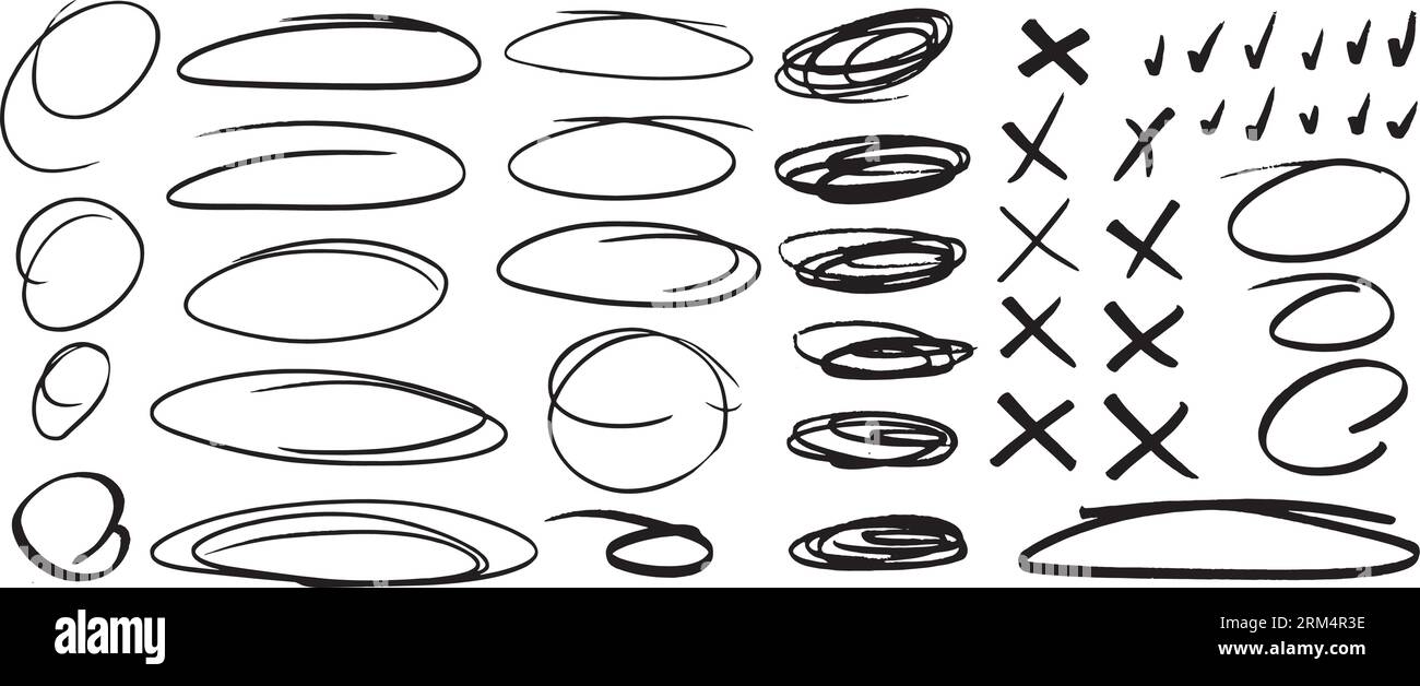 Marker marks in various shapes. Calligraphic shapes round, bubble ...