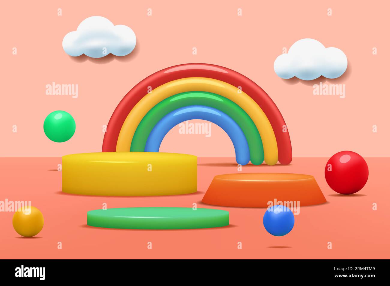 3D toy podiums. Cute rainbow. Cylinder pedestal. Orange background ...