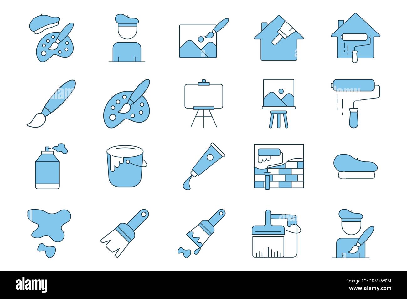 Painting set icon. Contains icons paint brush, canvas, painter, paint tubes, etc. Flat line icon ...