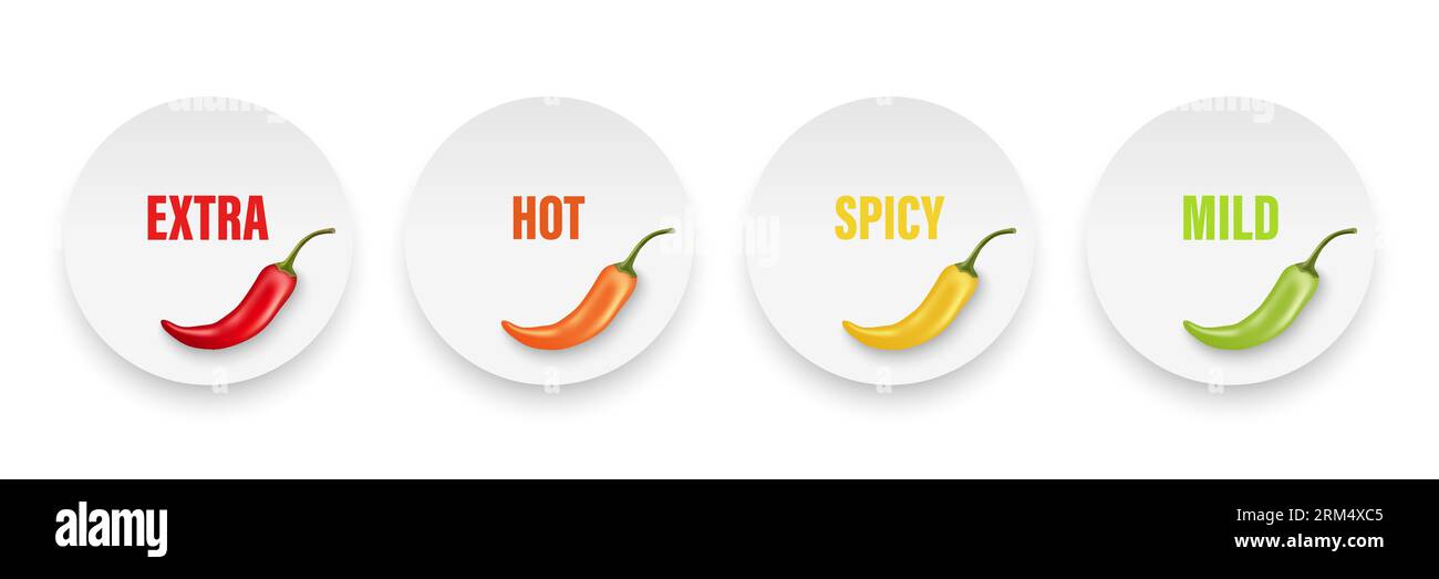 Realistic Vector Round Stickers with Spicy Chili Pepper Levels. Red ...