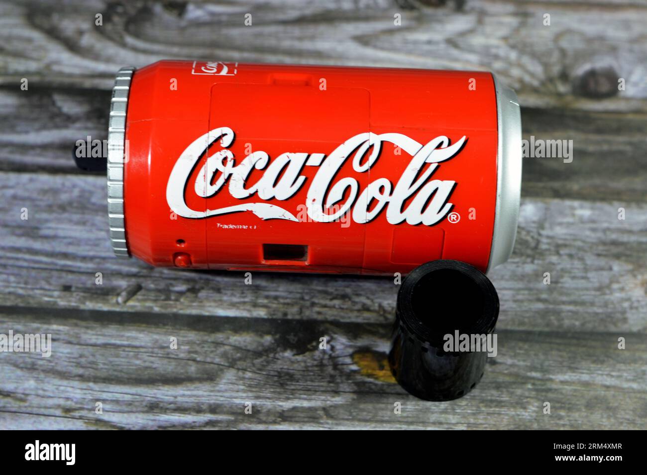 Giza, Egypt, August 19 2023: Coca-Cola reusable film camera, build in ...
