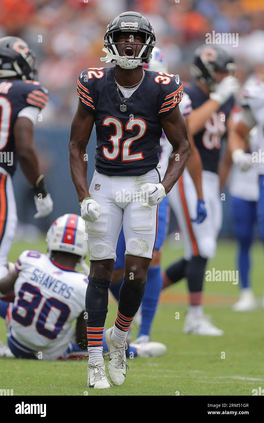 Chicago Bears wide receiver Isaiah Ford (32) reacts after blocking a punt during an NFL football ...