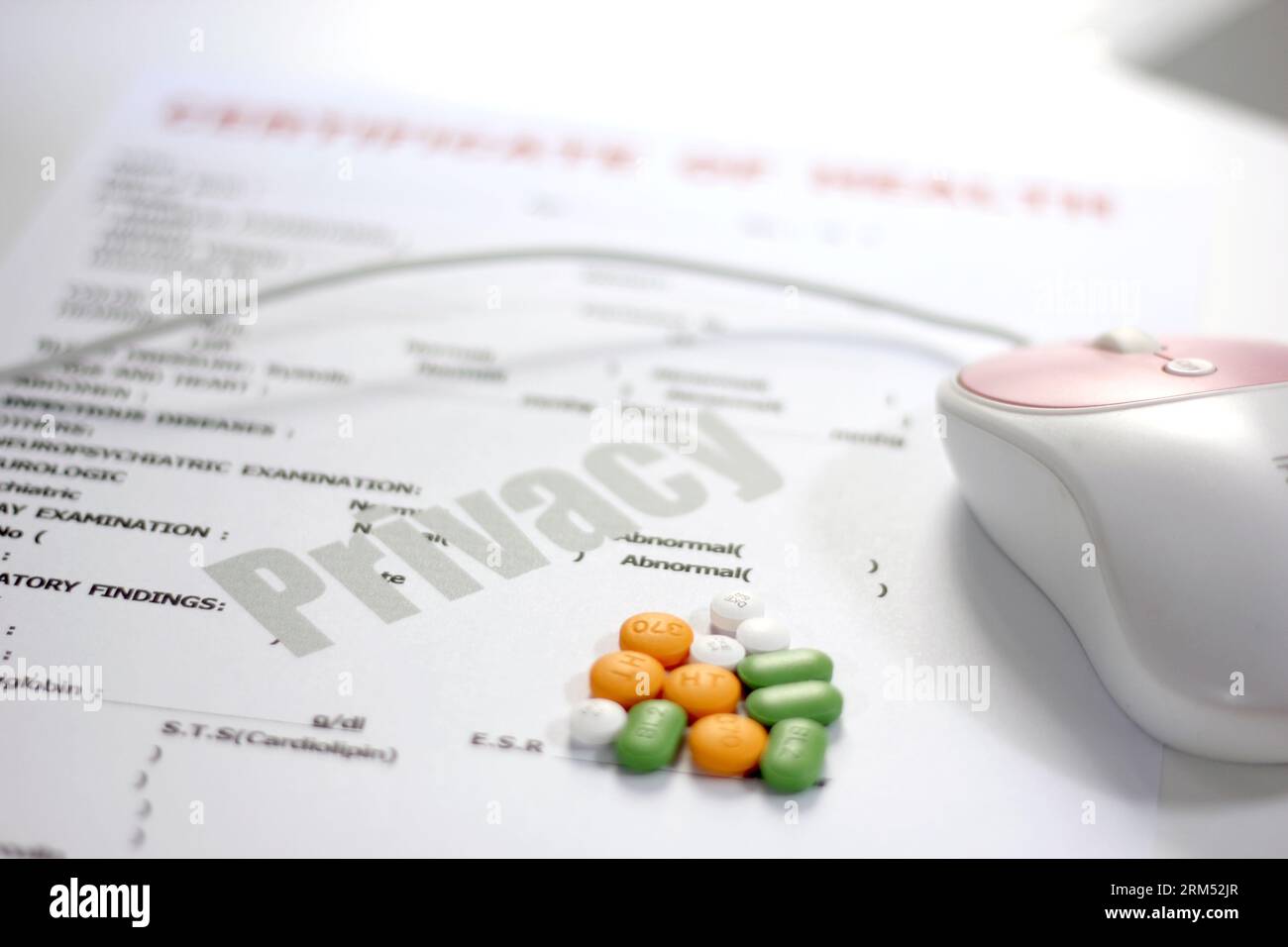 Health checkup exam paper chart and pills, medical privacy concept ...