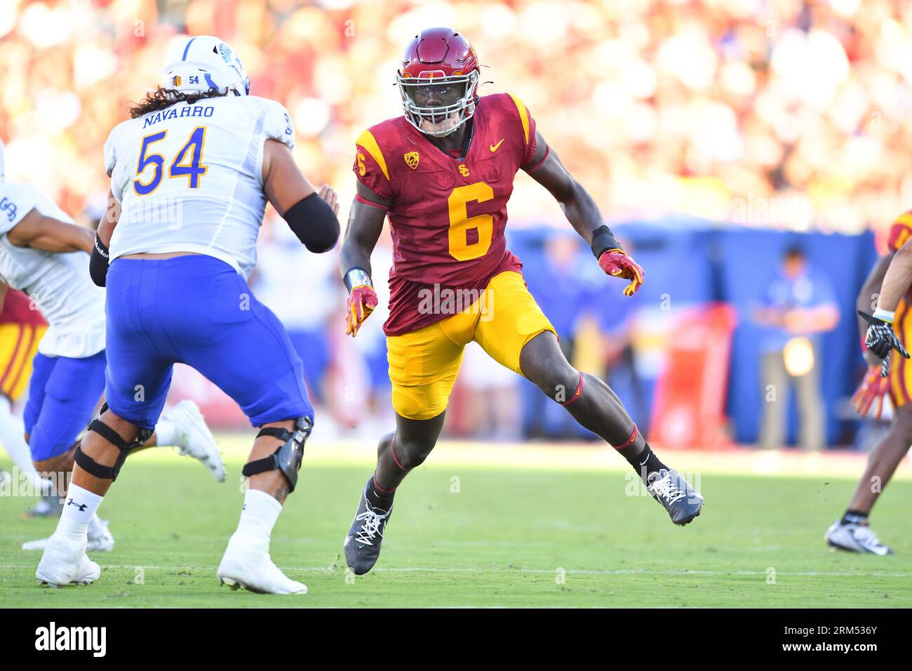 LOS ANGELES, CA - AUGUST 26: USC Trojans defensive lineman Anthony Lucas (6) applies pressure on ...