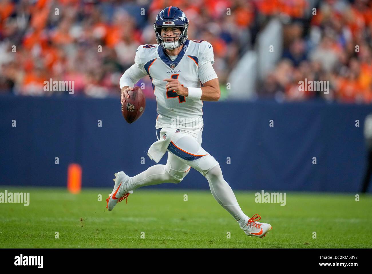 Denver Broncos quarterback Jarrett Stidham passes against the Los Angeles Rams during the first ...