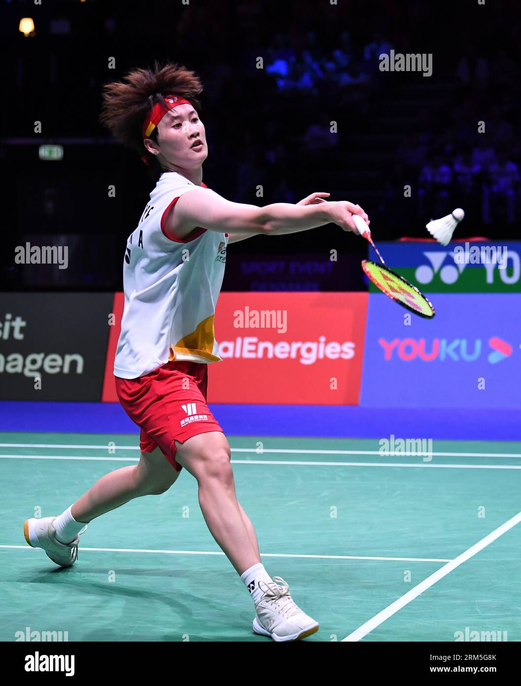 Copenhagen, Denmark. 26th Aug, 2023. Chen Yufei of China hits a return during the women's ...