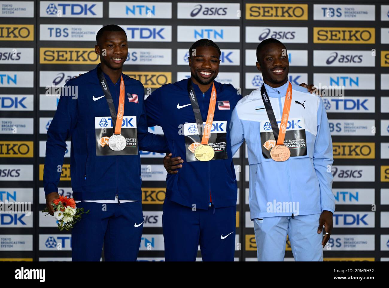 Budapest, Hungary. 26th Aug, 2023. Gold medalist Noah Lyles (C) of the ...