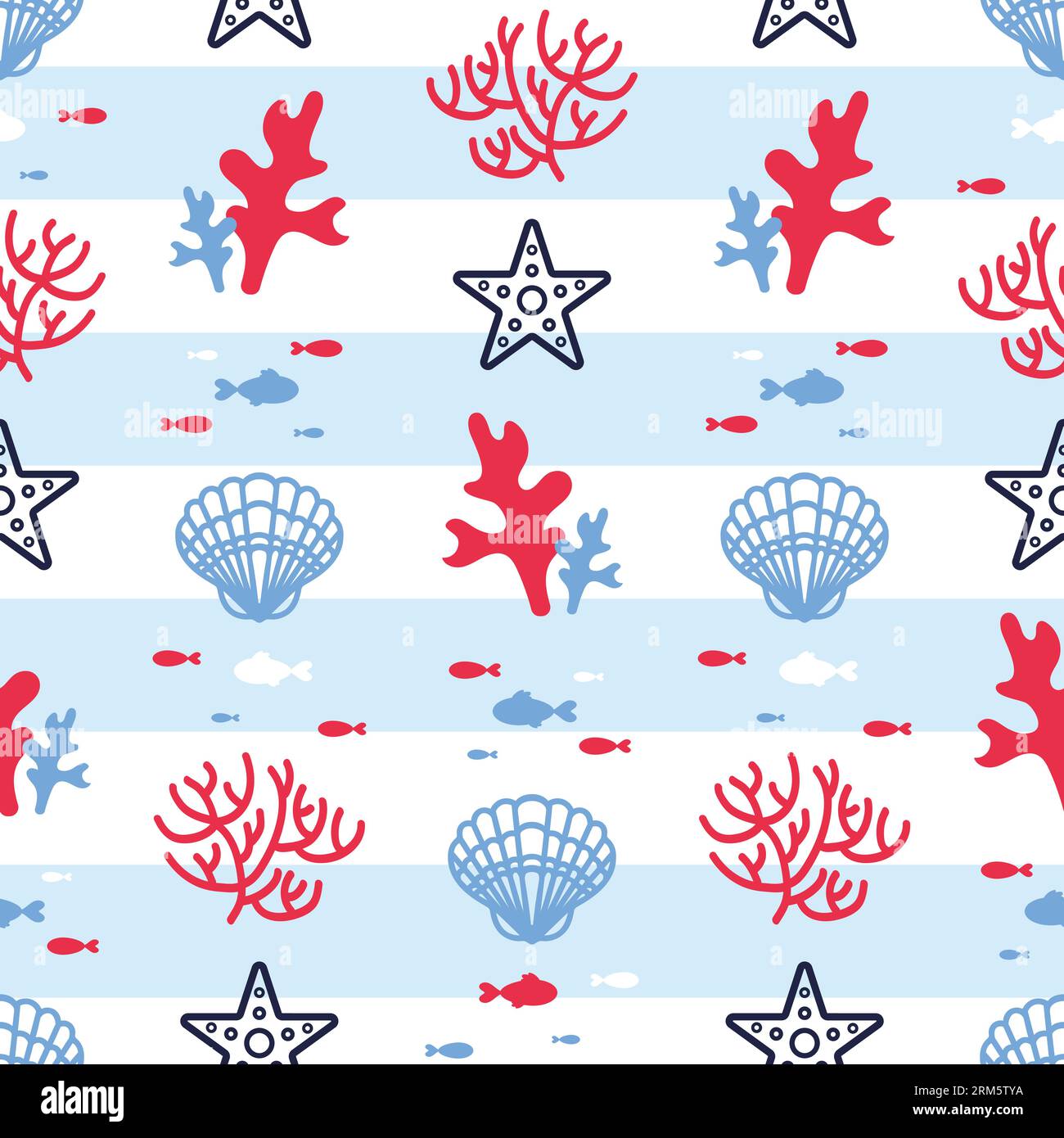 Summer marine striped seamless pattern with corals, starfish, algae ...