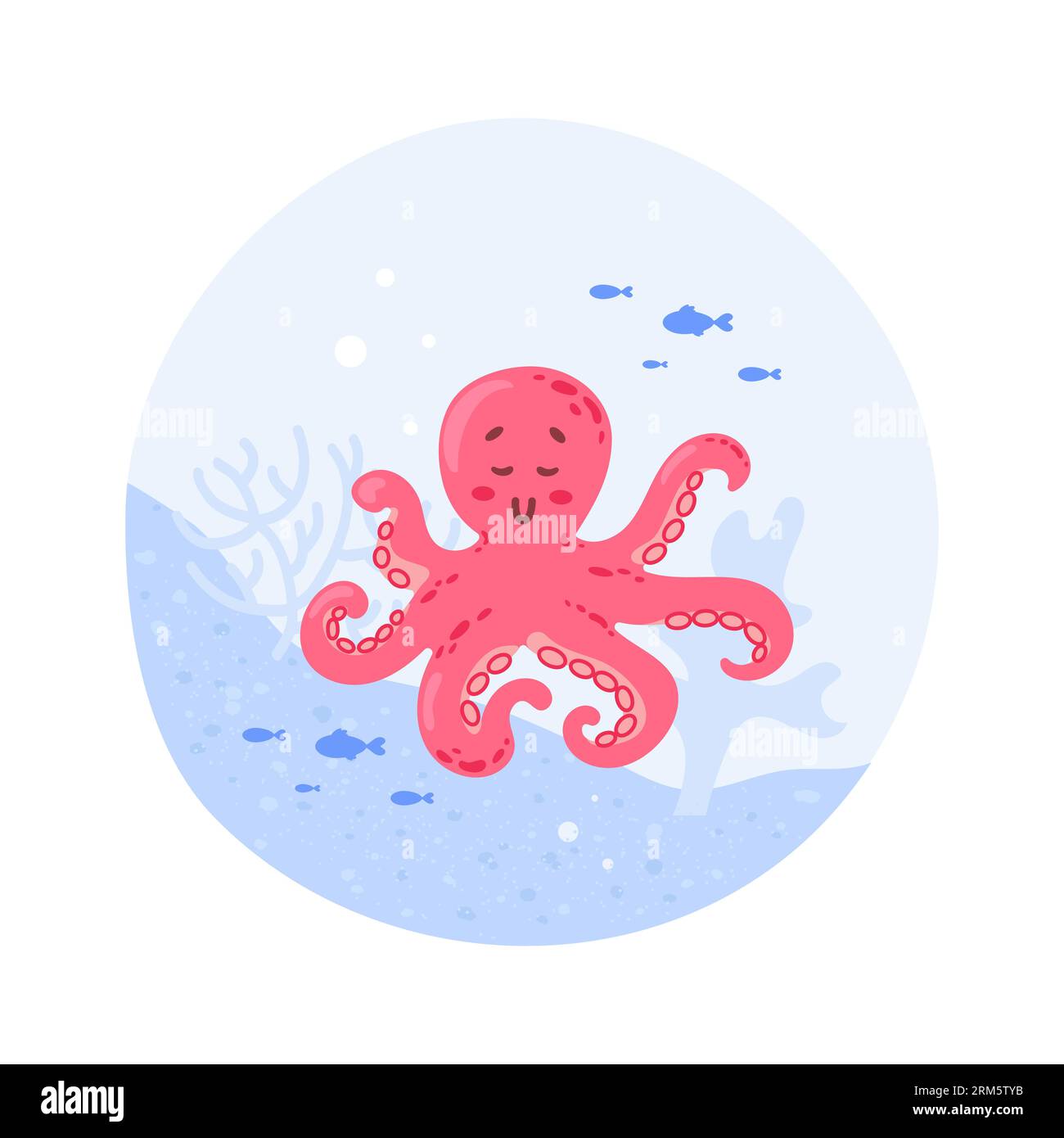 Cute cartoon pink octopus character swims in the sea near the coral ...