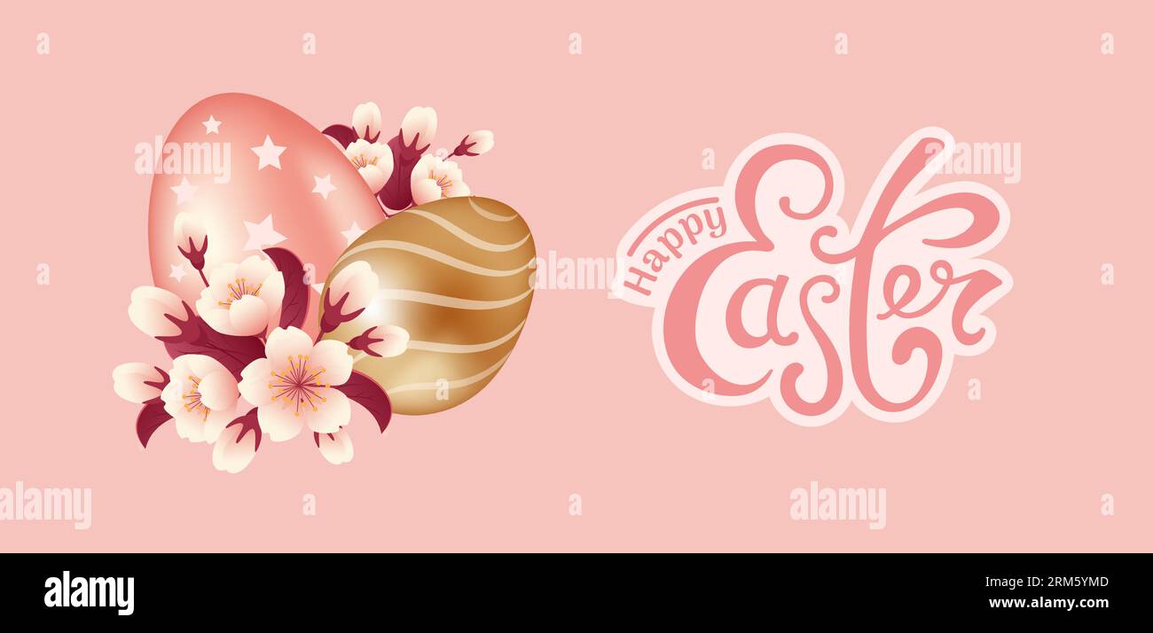 Happy easter. Horizontal vector banner, realistic style. Golden and ...