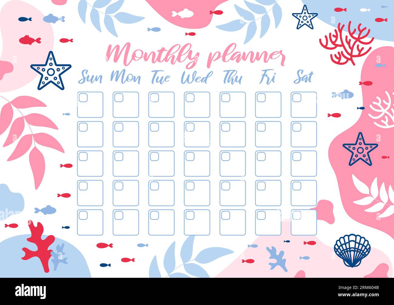 Monthly planner. Summer marine pattern with corals, starfish, algae ...