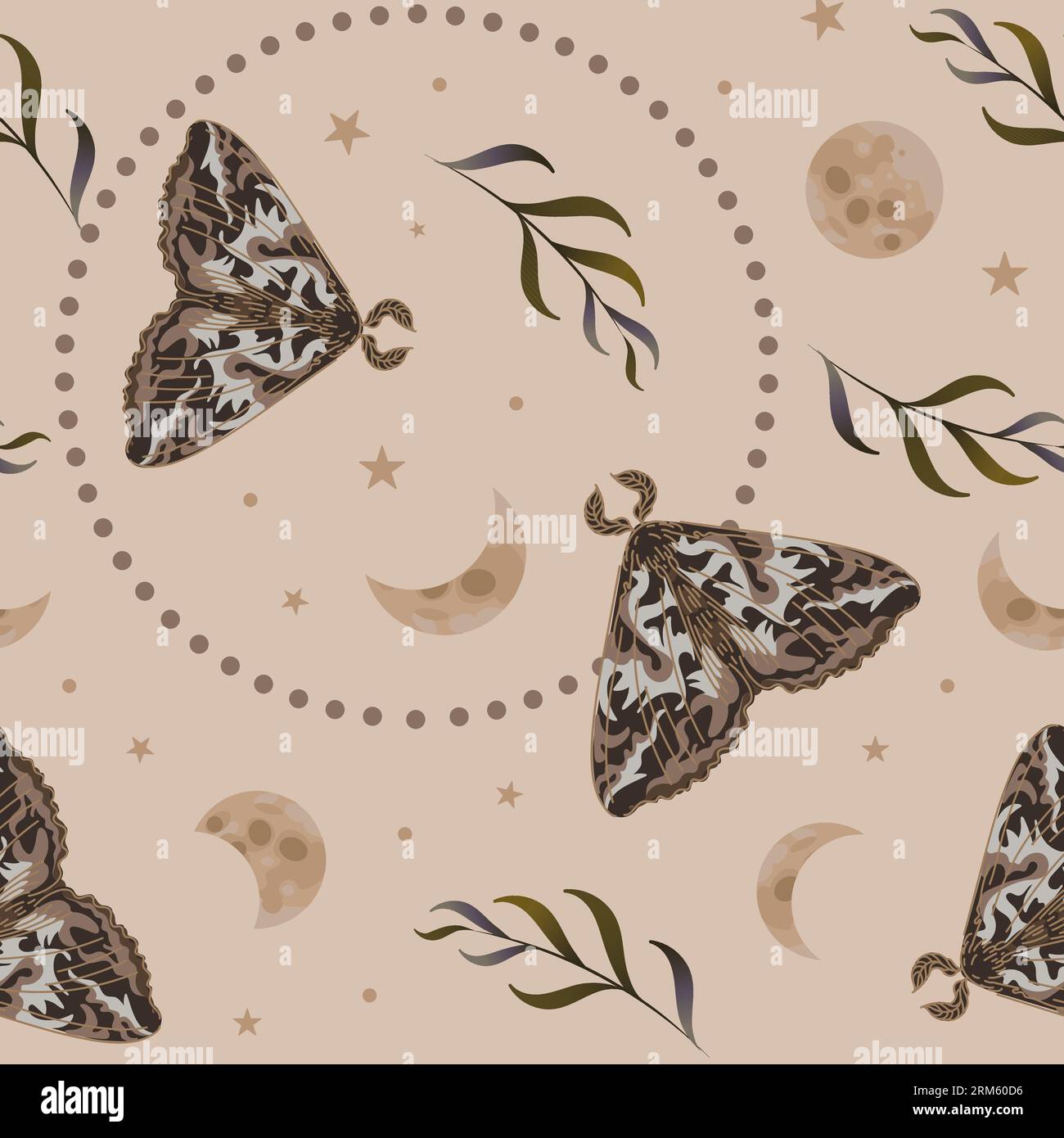 Moth, phases of the moon and stars, herbs. Seamless pattern, vector illustration in ethnic style ...