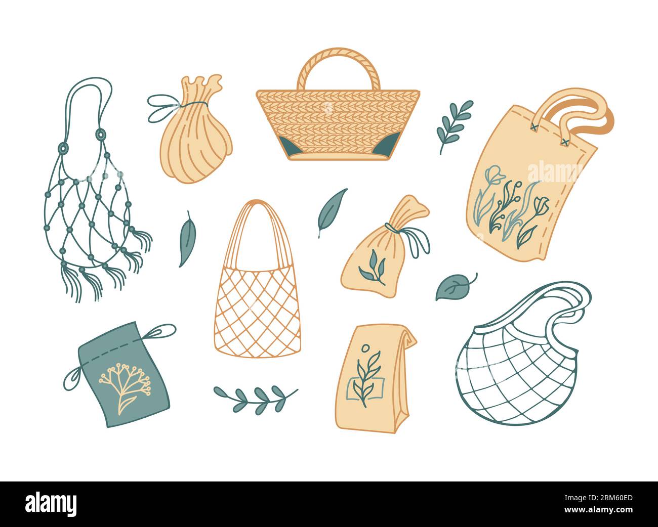 Set of eco bags. Shoppers, fabric pouches and a wicker bag with a ...