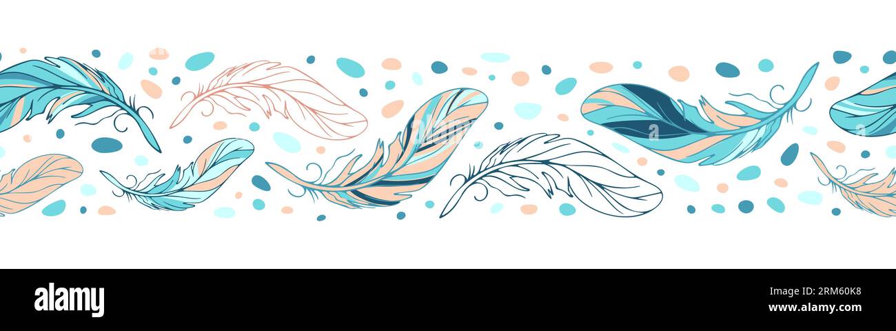 Feathers seamless bright ethnic border in boho style. Color spots in ...