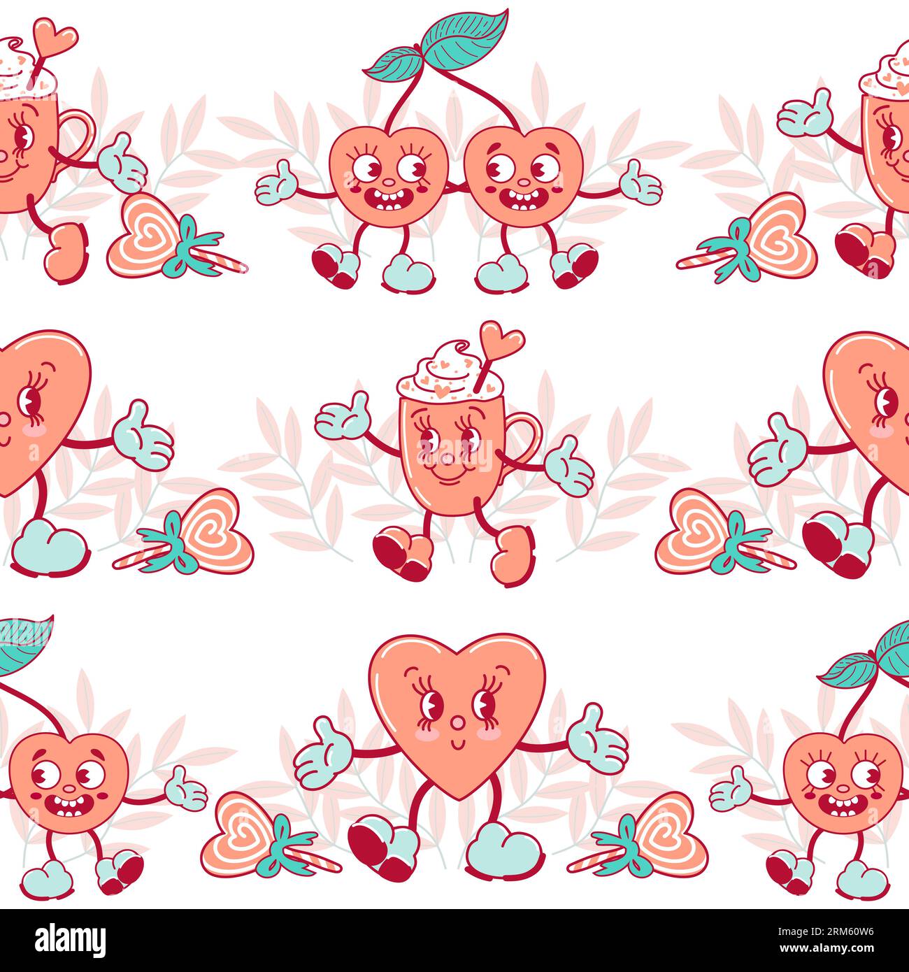Heart, cup of hot chocolate with cream, cherries. Cuphead. Seamless pattern, characters in ...