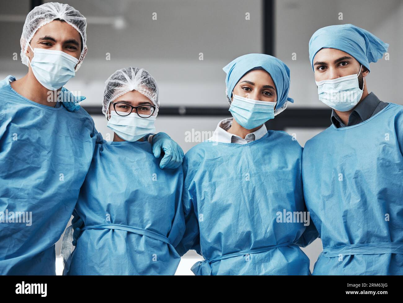 Support, portrait and doctors with face mask for surgery, healthcare ...