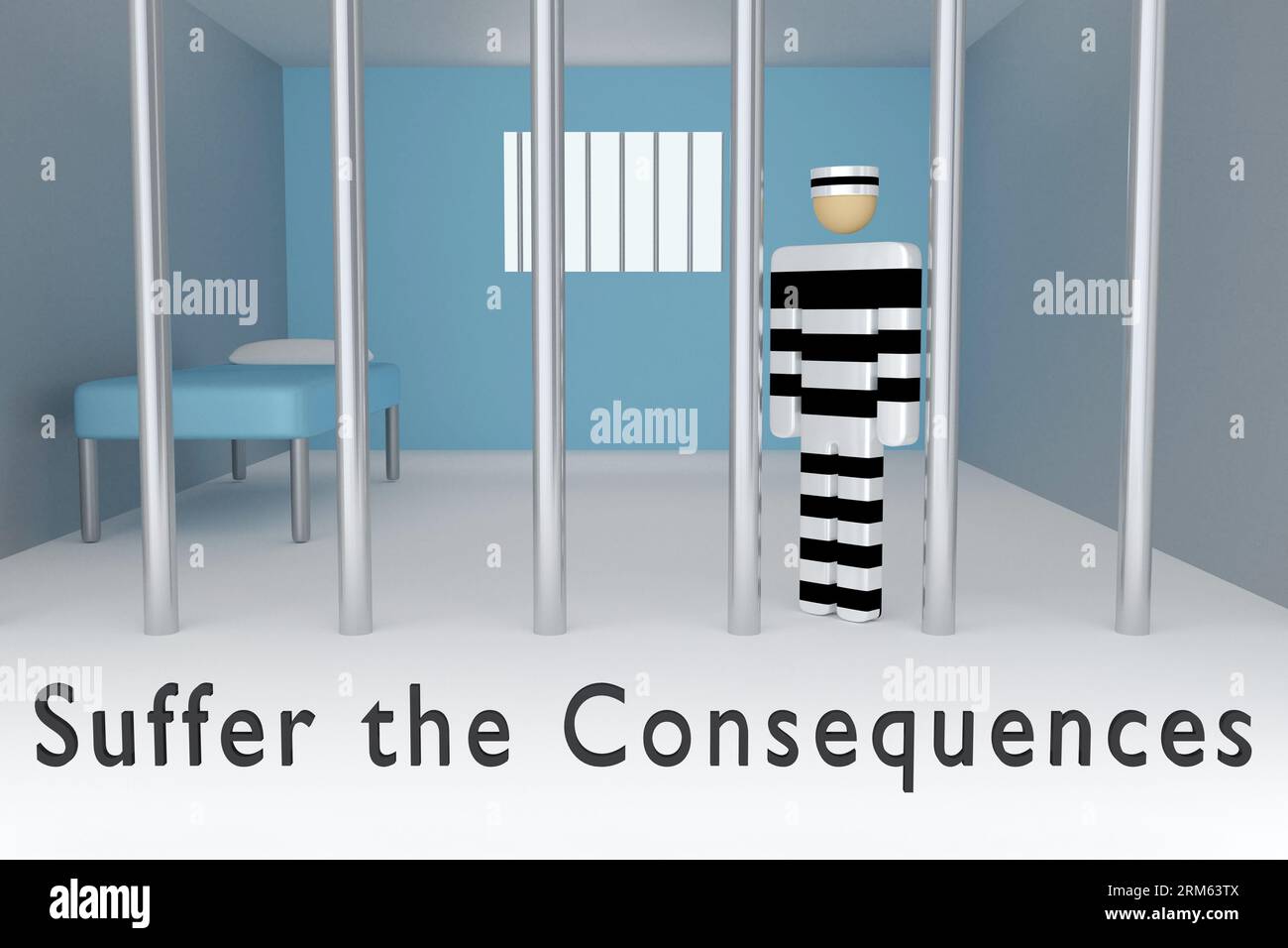 3D illustration of a prisoner standing in a prison cell, tited as ...