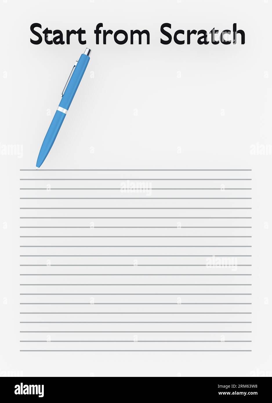 3D illustration of a pen over an empty sheet of paper titled as Start ...