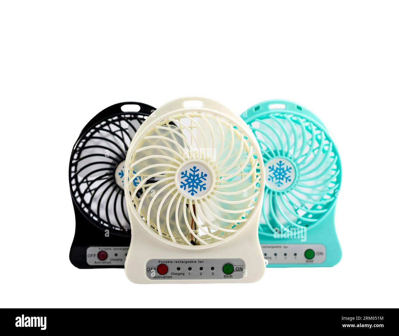 Rechargeable and portable fans for travel on white isolated background ...