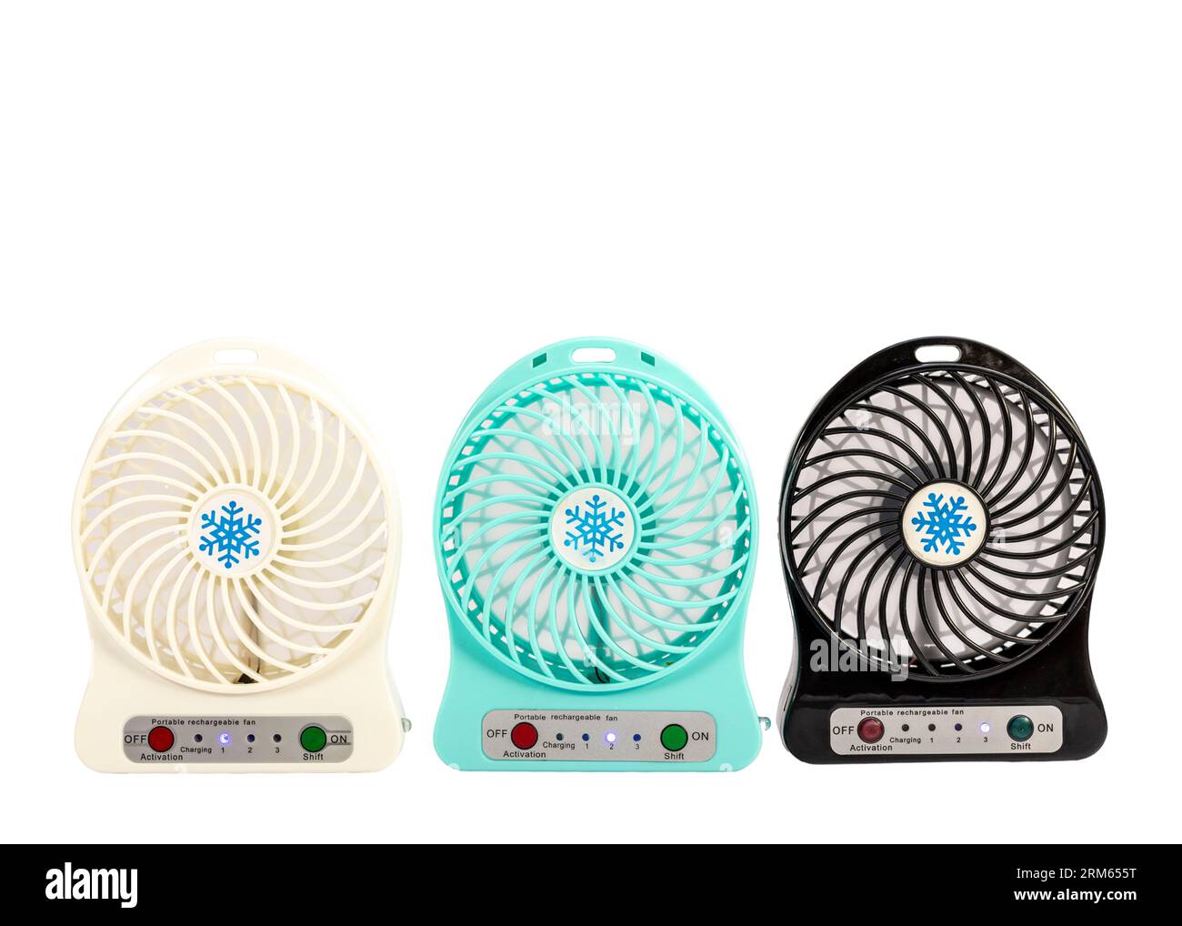 Rechargeable white, blue and black small fan on white background Stock ...