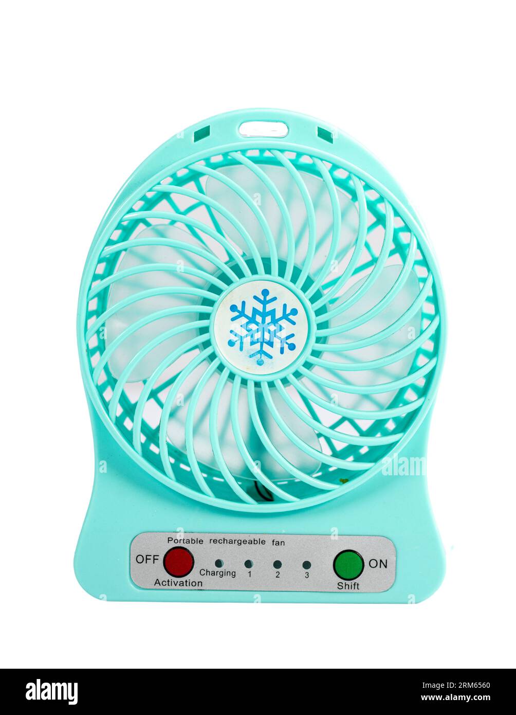 Blue mini portable fan powered by rechargeable batteries isolated on a ...